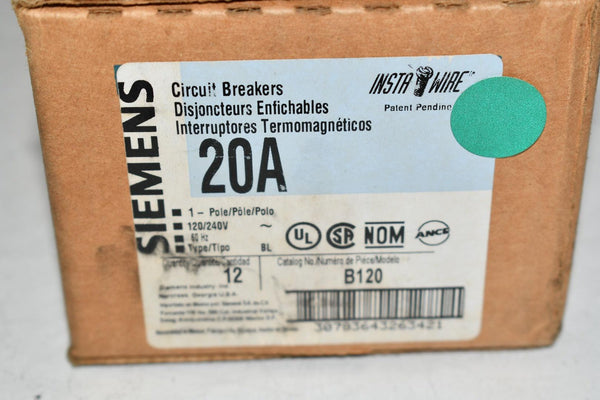 (12) NEW Siemens B120 20-Amp Single Pole 120-Volt 10KAIC Circuit Break