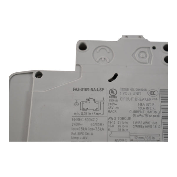NEW Eaton FAZ-D16/1-NA-L-SP Circuit Breaker Thermal Magnetic 16A 277 V ...