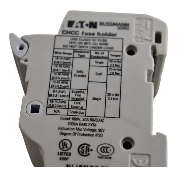 NEW Eaton CHCC2DU Fuse Holder, 2-Pole, 30A, 600V, Class CC, Push-In, C