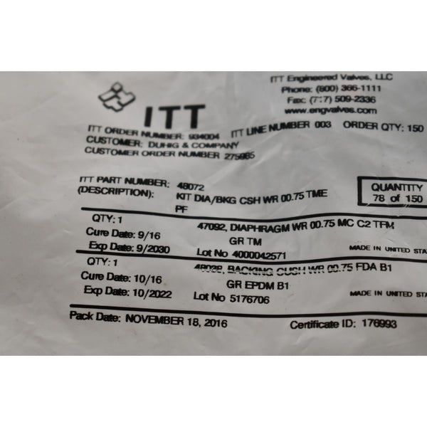 NEW ITT PF-D-TME-0.75 48072 DIAPHRAGM TME PTFE / EPDM 0.75'' – VB ...