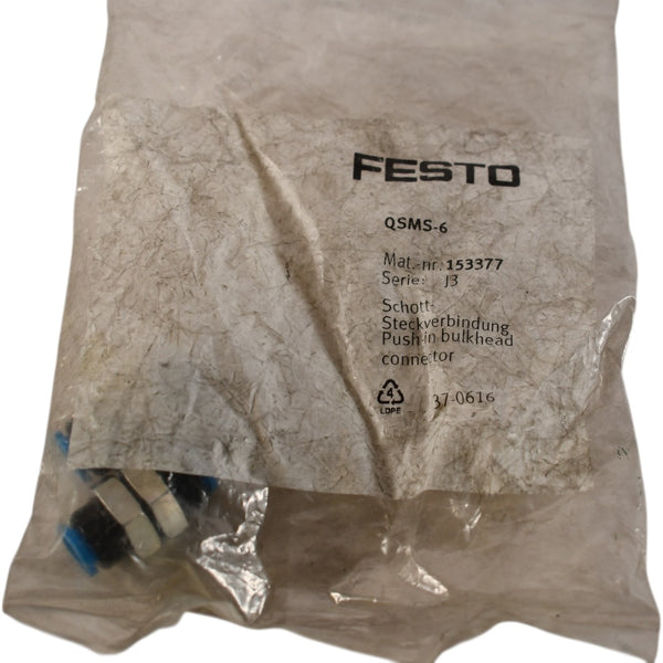 (Pack of 2) NEW Festo QSMS-6 Bulkhead Connectors | 6mm Tube | Push-in