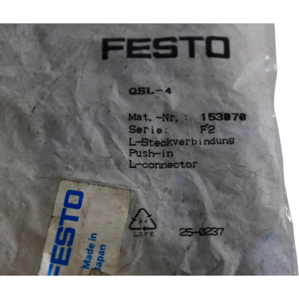 NEW Festo QSL-4 153070 Push-in L-Connector Fitting 4mm Tubing 10 Pack ...