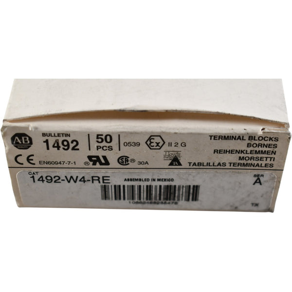 Pack of 50 NEW Allen-Bradley 1492-W4-RE Red DIN Rail Terminal Block 30