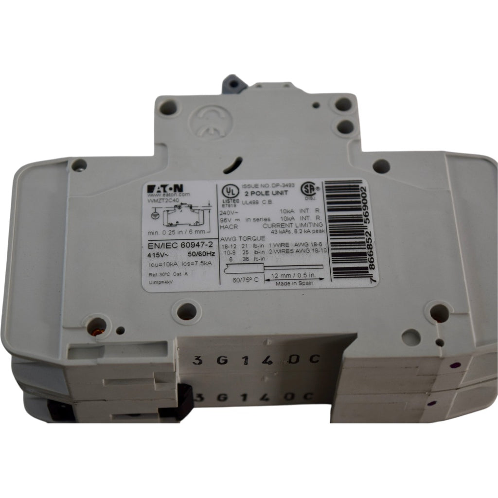 NEW EATON WMZT2C40 40A 10kA Type C 2-Pole DIN Rail Circuit Breaker 277 ...