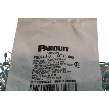 NEW Pack 500 Panduit FSD74-8-D Ferrule 22AWG Insulated Turquoise 8mm P