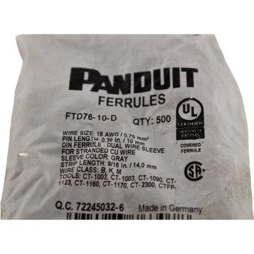 NEW Pack 500 Panduit FTD76-10-D Twin Wire Ferrule 18AWG Gray 10mm Pin ...