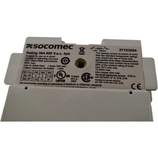 NEW Socomec 37103004 FUSERBLOC 30A 3-Pole Fusible Disconnect Switch UL ...