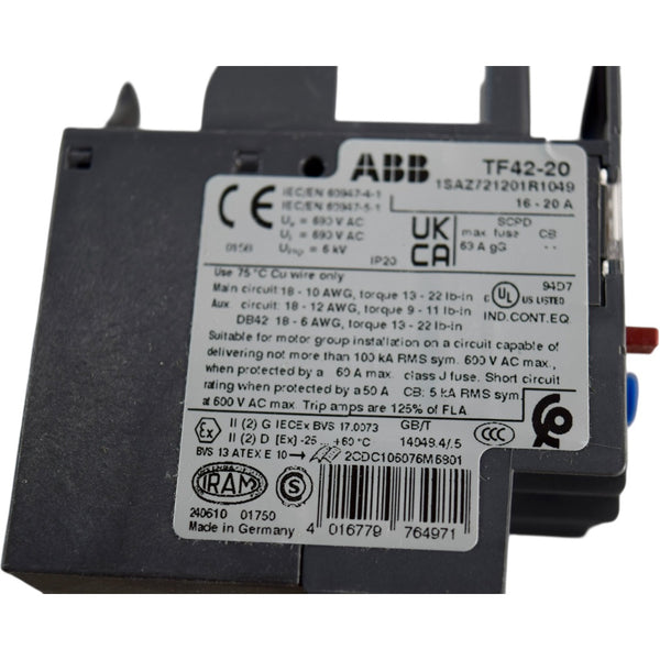 NEW ABB TF42-20 Thermal Overload Relay 16-20A IEC EN60947 Motor Protec ...