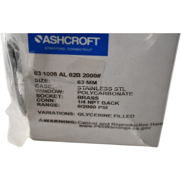 NEW Ashcroft 63mm 1008AL 02B Industrial Pressure Gauge 2000 PSI 1/4 ...