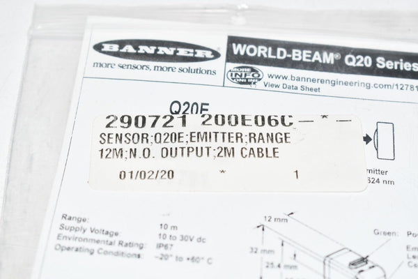 NEW Banner Engineering Q20E Photoelectric Sensor, Emitter, 12m, 10-30V ...
