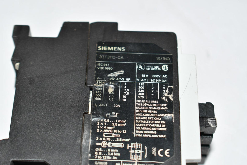 Siemens 3TF3010-0A 3-phase IEC rated contactor 3 HP at 230V and 5 HP a ...