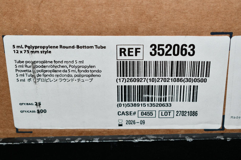(500) NEW BD 352063 Falcon 5mL Polypropylene Round-Bottom Tube, 12 x 7 ...