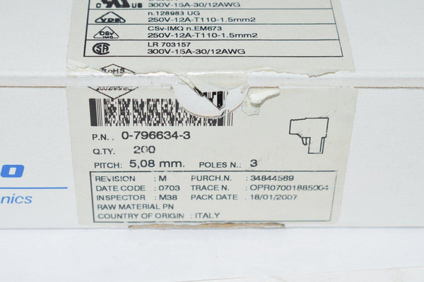 Box of 200 NEW TE Connectivity 796634-3 3 Position Terminal Block Plug ...