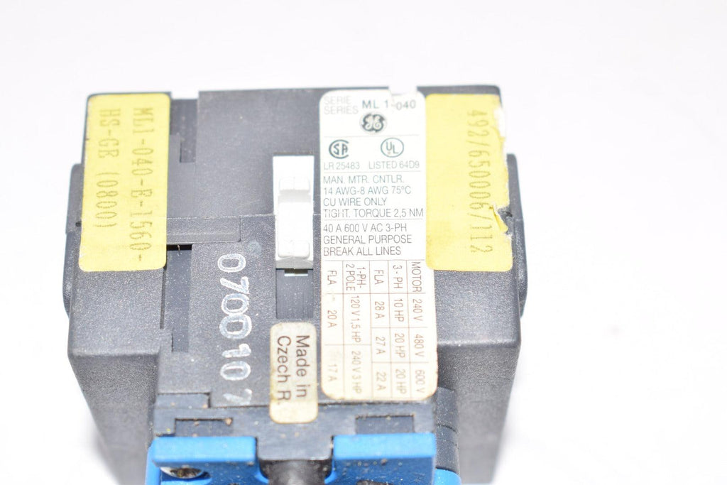 General Electric ML 1-040 Manual Motor Controller Switch 40 Amp 600VAC