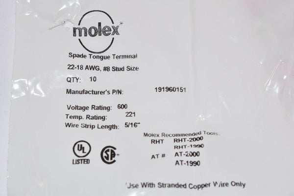 Lot of 30 NEW Molex 191960151 22-18AWG #8 Stud Size Terminals – VB ...