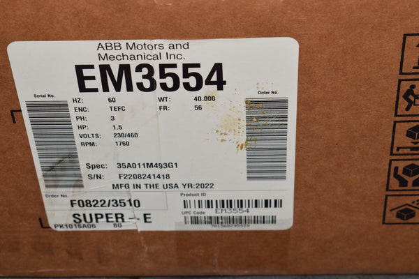 NEW ABB BALDOR EM3554, 35A011M493G1 Super-E Motor 60Hz 3PH 1.5 HP 230 ...