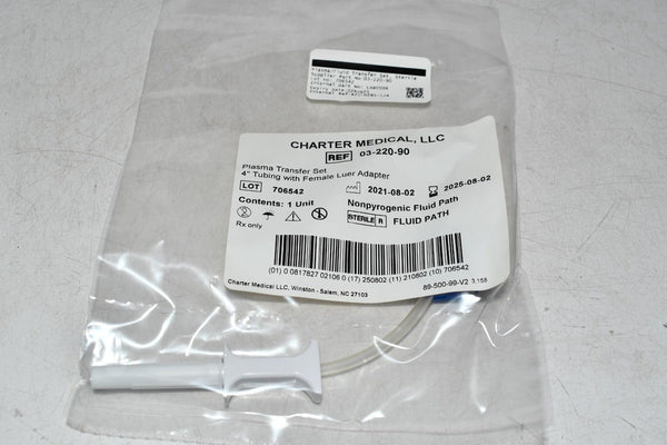 NEW Charter Medical 03-220-90 4'' Tubing Plasma/Fluid Transfer Set Fem ...