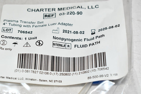 NEW Charter Medical 03-220-90 4'' Tubing Plasma/Fluid Transfer Set Fem ...