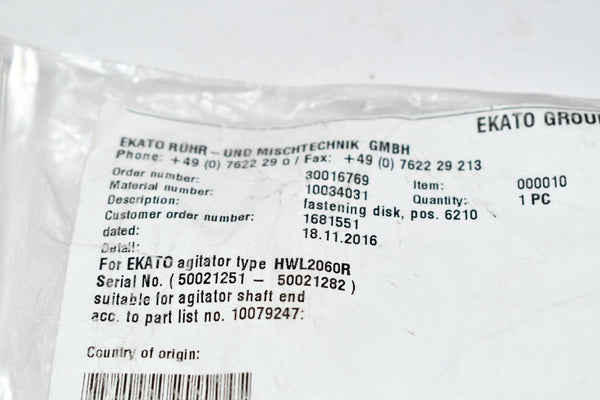 NEW Ekato Ruhr 10034031 Fastening Disk POS 6210 Agitator HWL2060R – VB ...