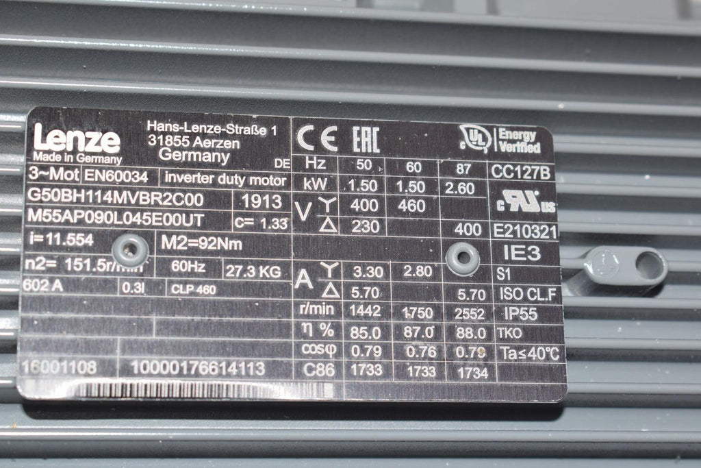 NEW LENZE G50BH114MVBR2C00, M55AP090L045E00UT Inverter Duty Motor – VB ...