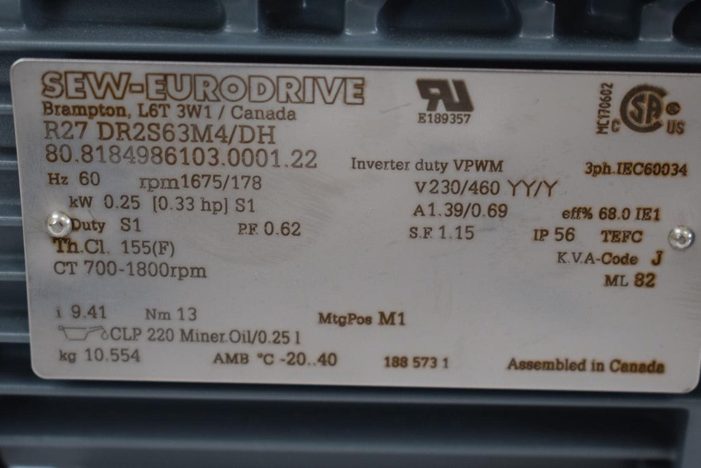 NEW SEW EURODRIVE R27 DR2S63M4/DH, 80.8184986103.0001.22.82 Inverter D ...