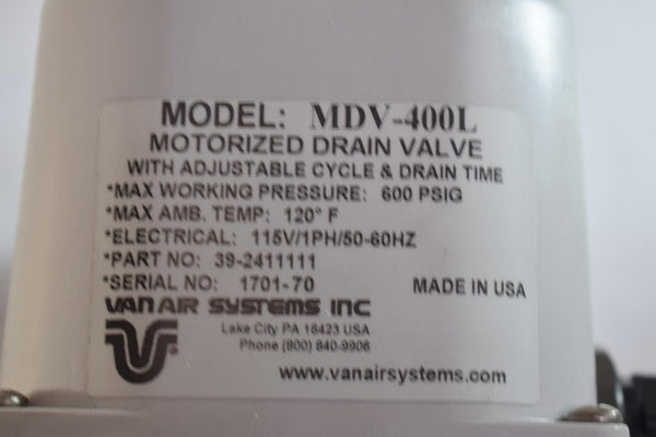 NEW Van Air Systems MDV-400L Motorized Drain Valve 600 PSIG MAX 115V 5 ...