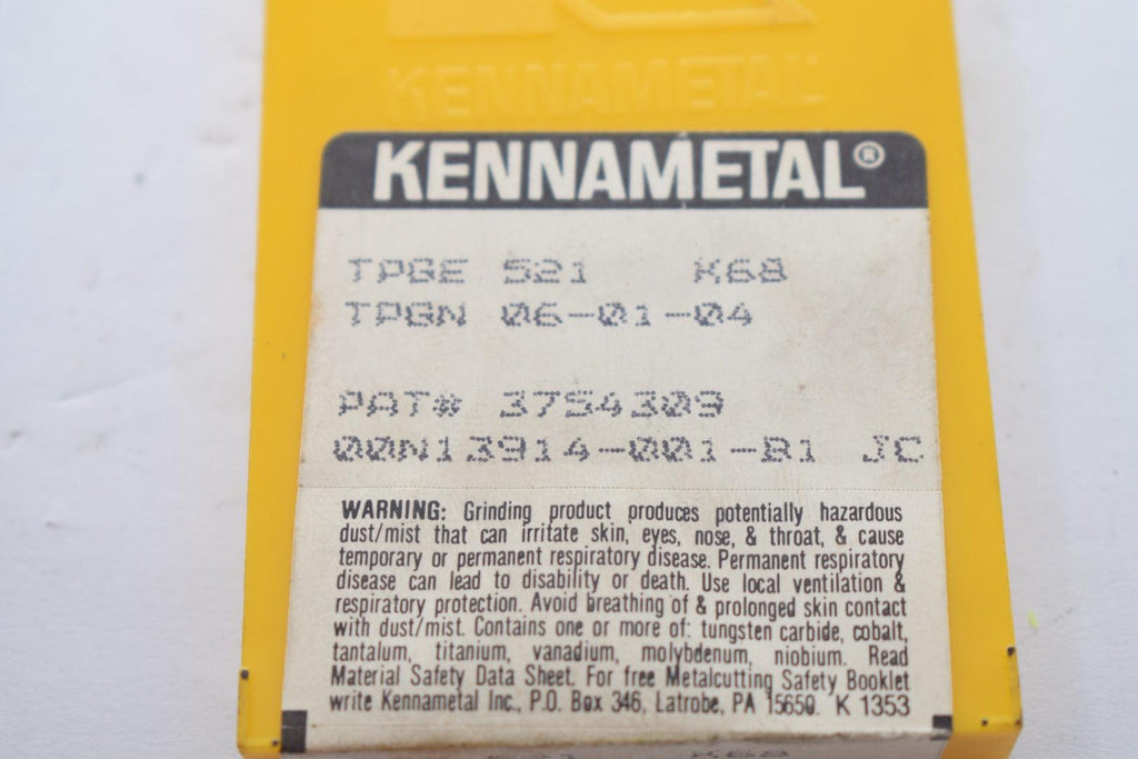 Pack of 4 NEW Kennametal TPGE521 Grade K68 Carbide Inserts – VB ...