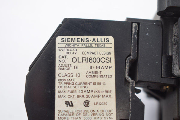 Siemens Allis Chalmers CXL10-3 Contactor OLR1600CSI Overload Relay