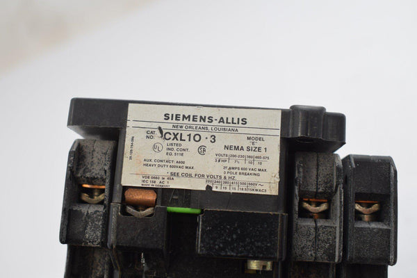 Siemens Allis Chalmers CXL10-3 Contactor OLR1600CSI Overload Relay