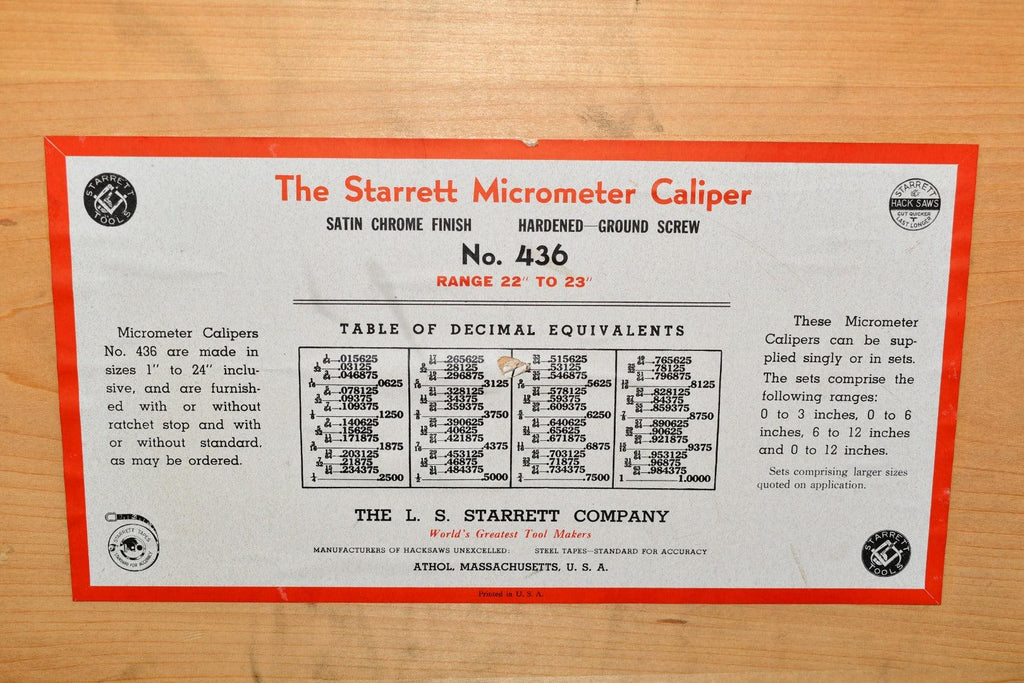 Starrett No. 436 22''-23'' Outside Micrometer W/ Standard Wood Case