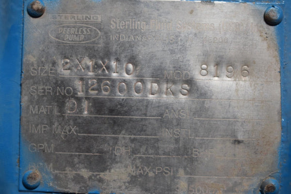 Sterling Peerless Pump Model 8196 Size: 2'' x 1'' x 10'' Centrifugal P ...