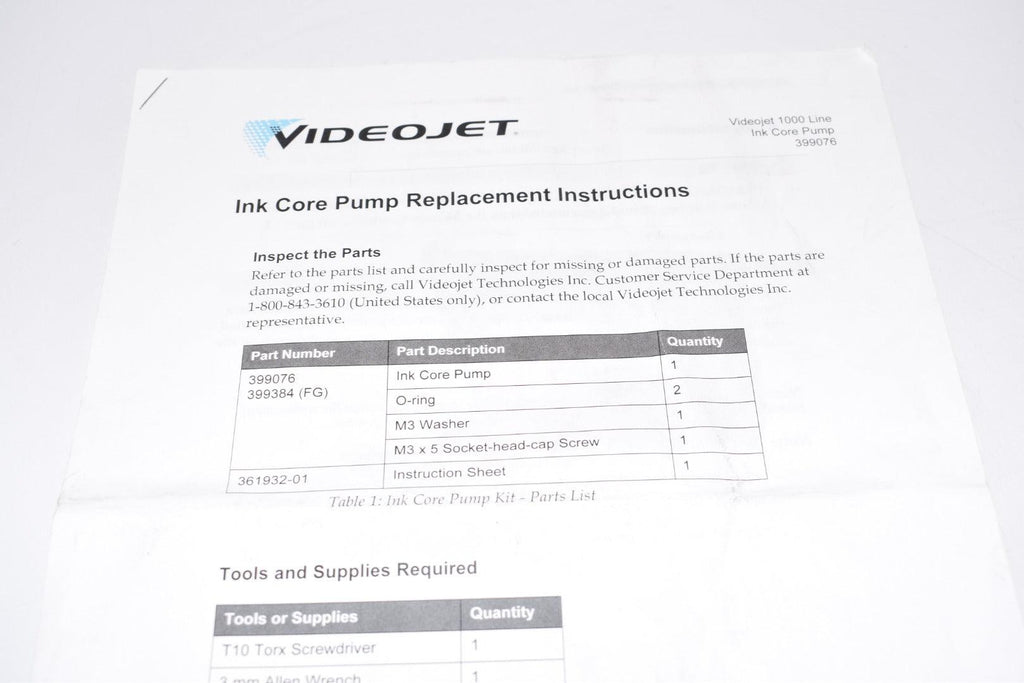 Videojet 1000 Line Ink Core Pump 399076 Replacement Instruction Manual